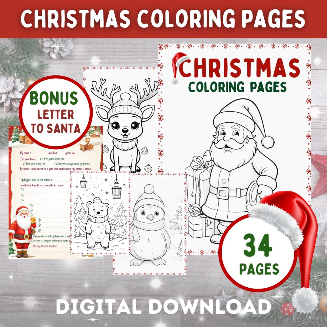 34 Christmas Coloring Pages, Bonus Letter to Santa, Festive Digital ...