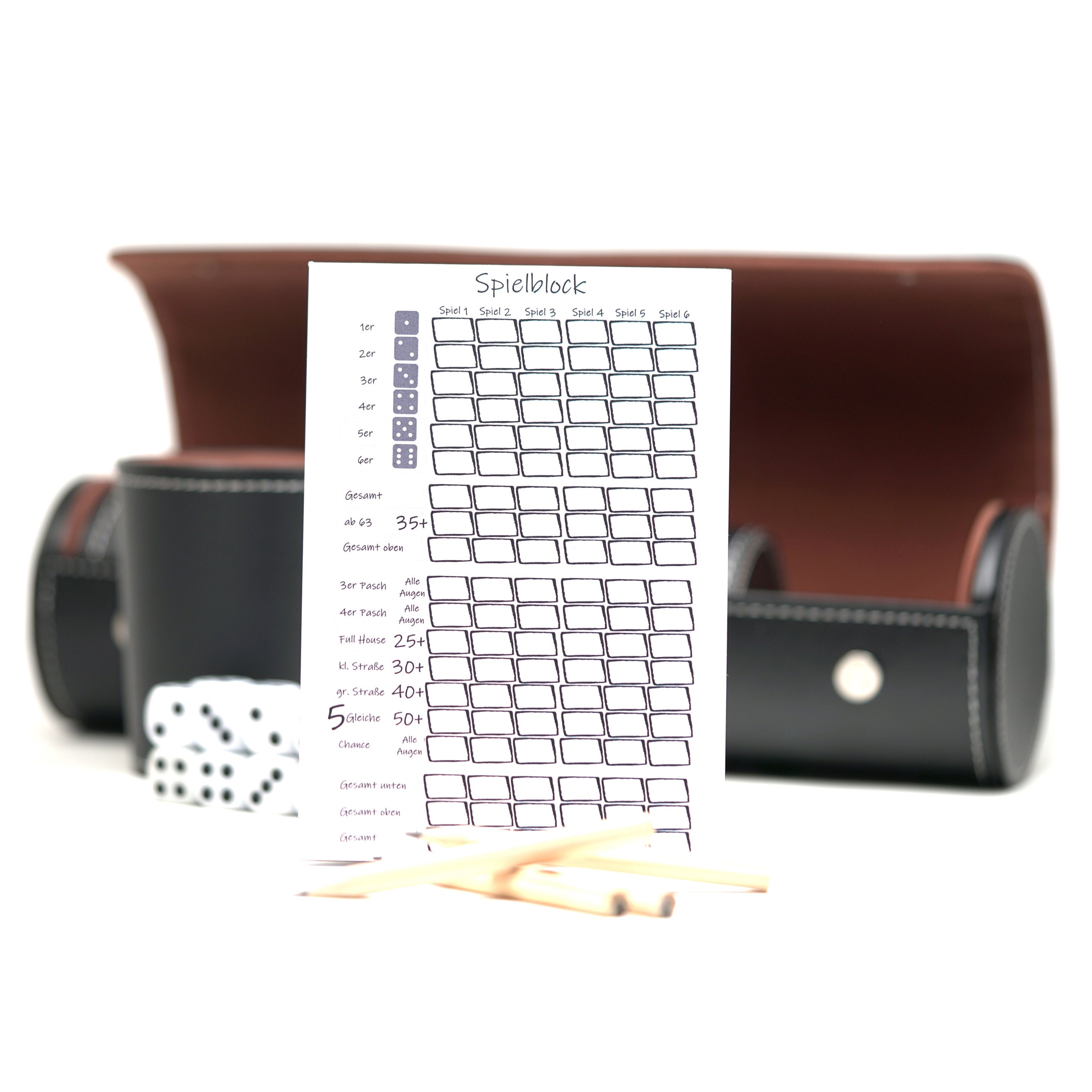 Würfelbecher Set mit Spielblock A6 Knobelblock Würfelspiel knobeln ...