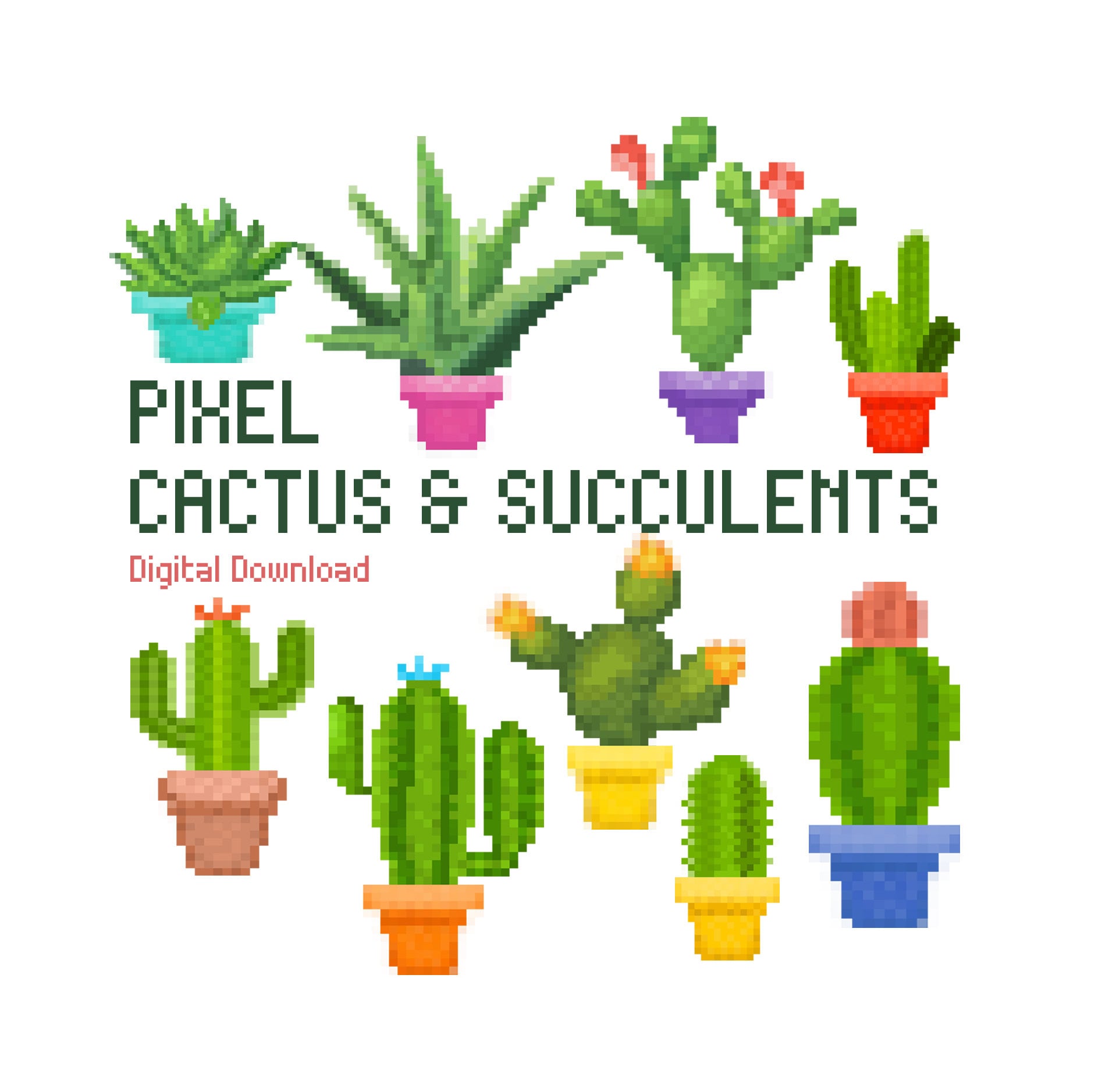Retro Pixel Cactus Clipart BUNDLE | Clip Art Succulent Sublimation | Plant Lovers Junk Journal ...