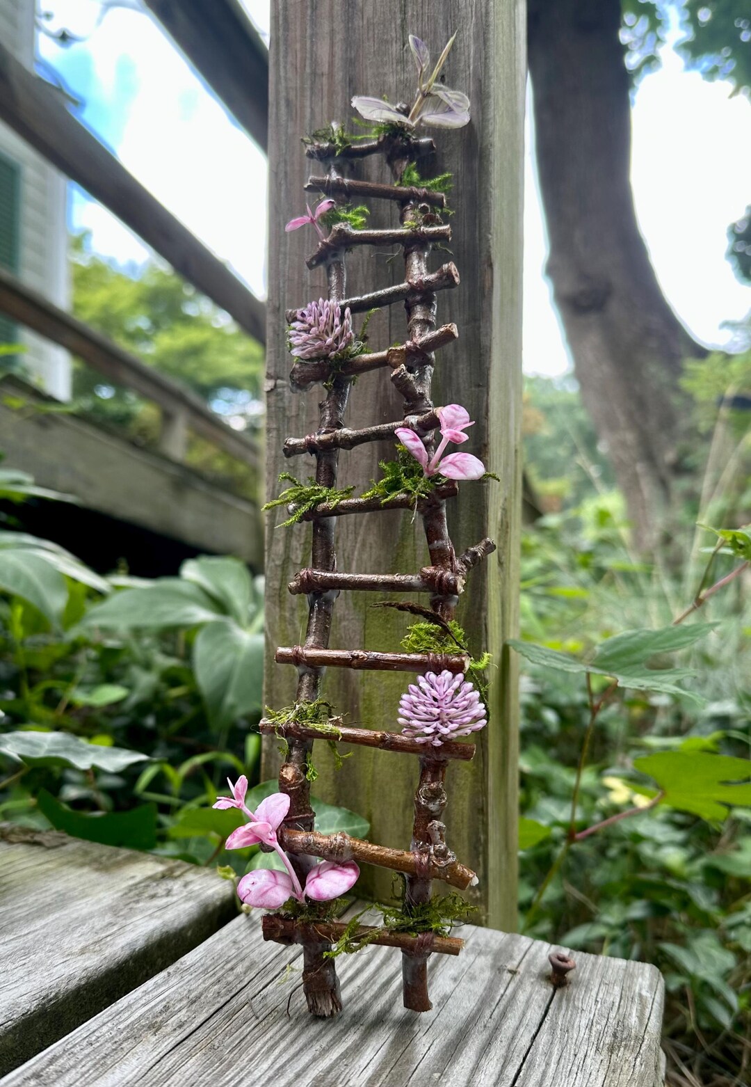 Handmade Twig Fairy Ladder, Floral Miniature Garden Accessory, 12" Tall ...