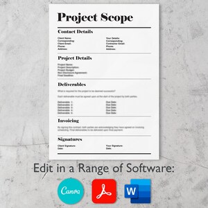 Project Scope Template, PDF and Word Document, Digital Download, Print ...