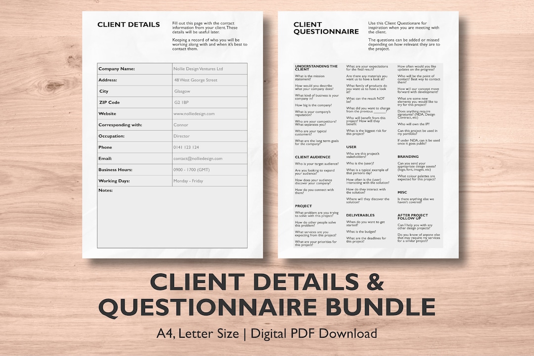 Client Details & Questionnaire BUNDLE, Client Details Planner, Client ...