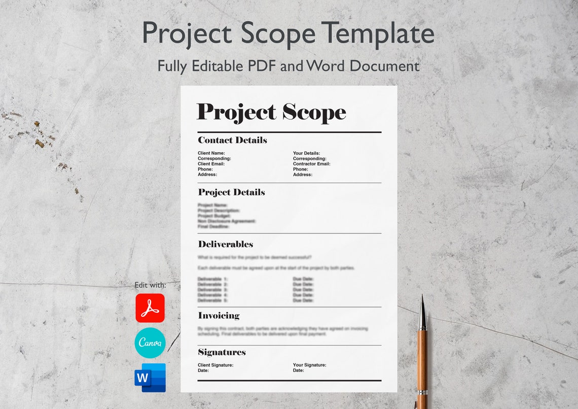 Project Scope Template, PDF and Word Document, Digital Download, Print ...