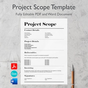 Project Scope Template, PDF and Word Document, Digital Download, Print ...