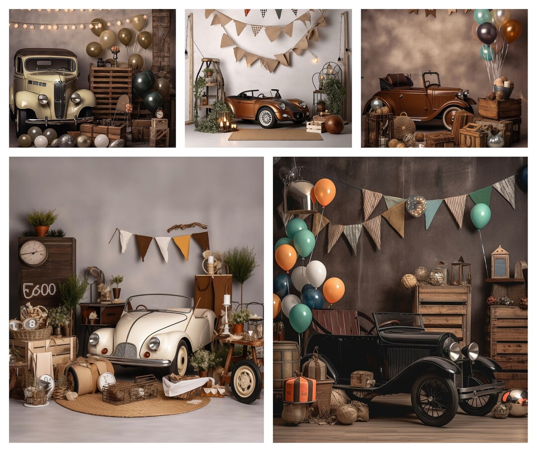 Vintage Car Birthday Backdrop: Balloons Photography Background (PNG ...
