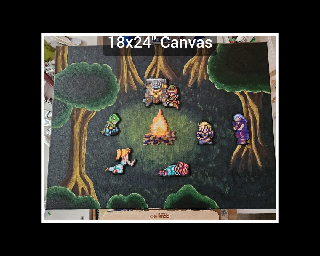 Chrono Trigger Campfire Scene Acrylic & Mini Beads on 18x24 Canvas Fionas Forest Iconic Retro ...