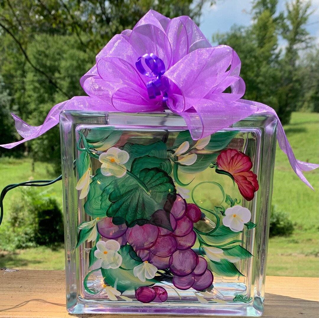 Hand Painted Glass Block Night Light With Grapes, Butterfly, and Petal ...