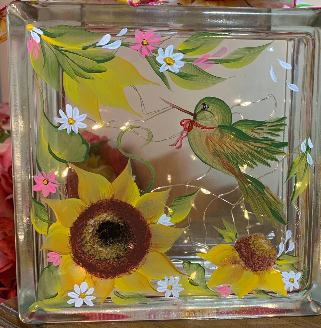 Hand-painted Glass Block Light With Sunflowers and Humming Bird ...