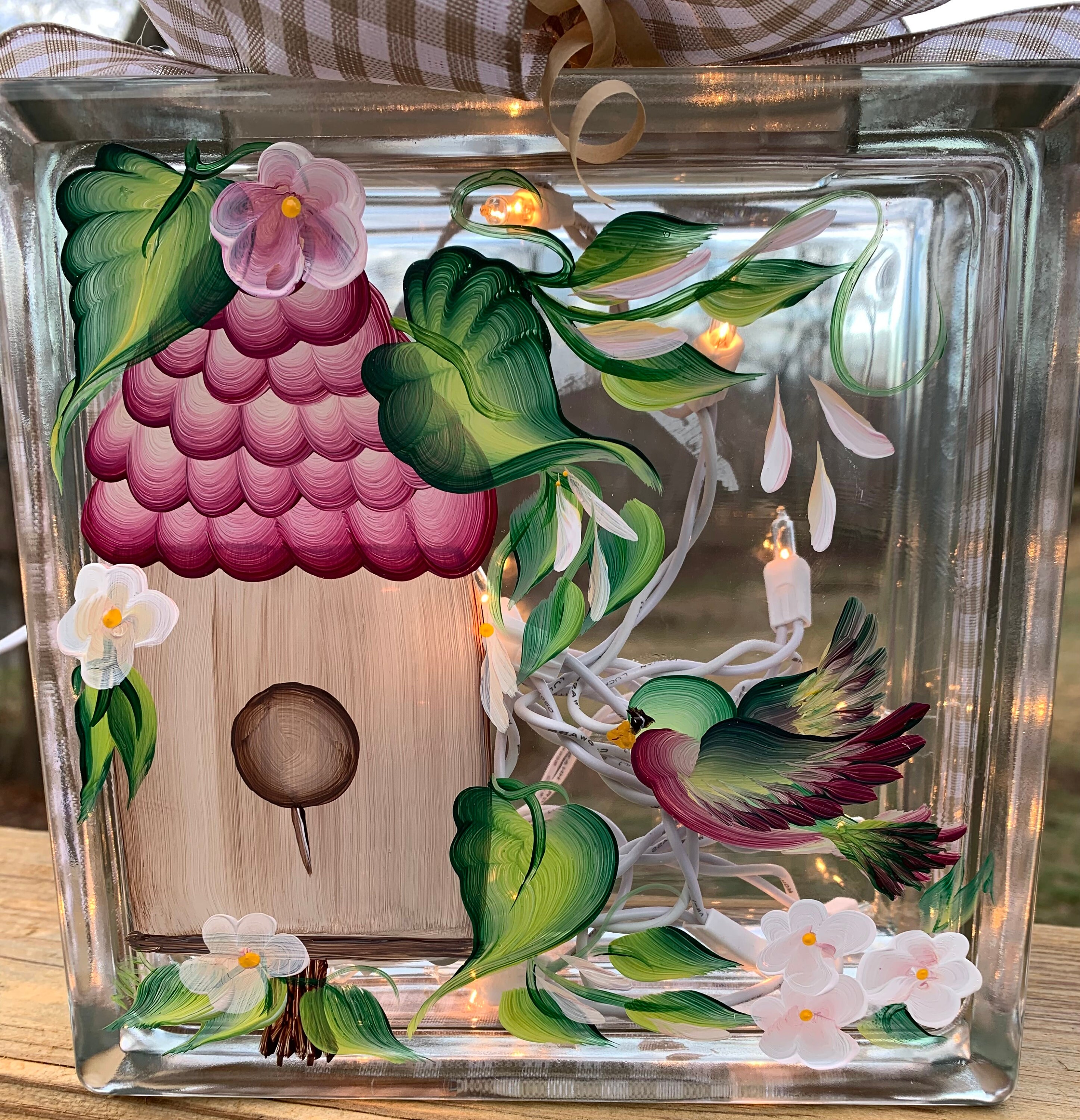 Hand Painted Glass Block Light With Bird, Birdhouse, and Petal Flowers ...