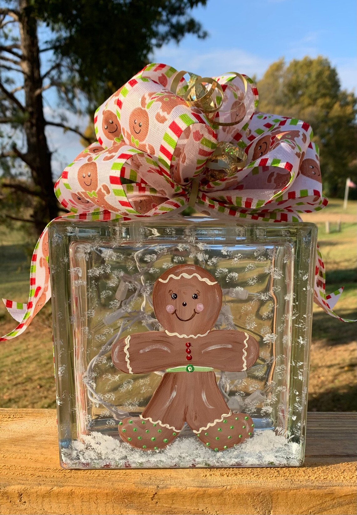 Hand Painted Gingerbread Glass Block Light, Signed, With Strand of 20 ...