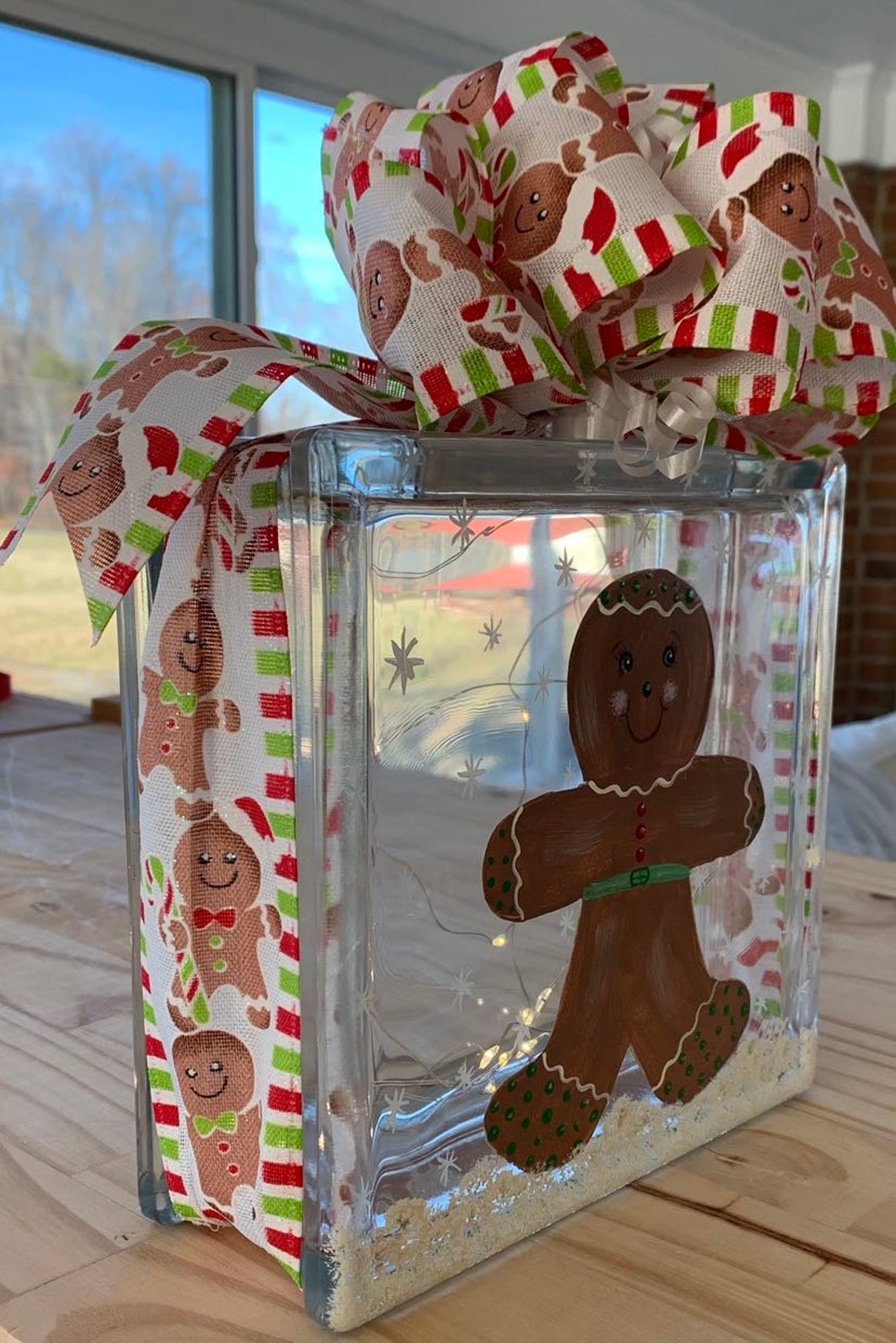 Hand Painted Gingerbread Glass Block Light, Signed, With Strand of 20 ...