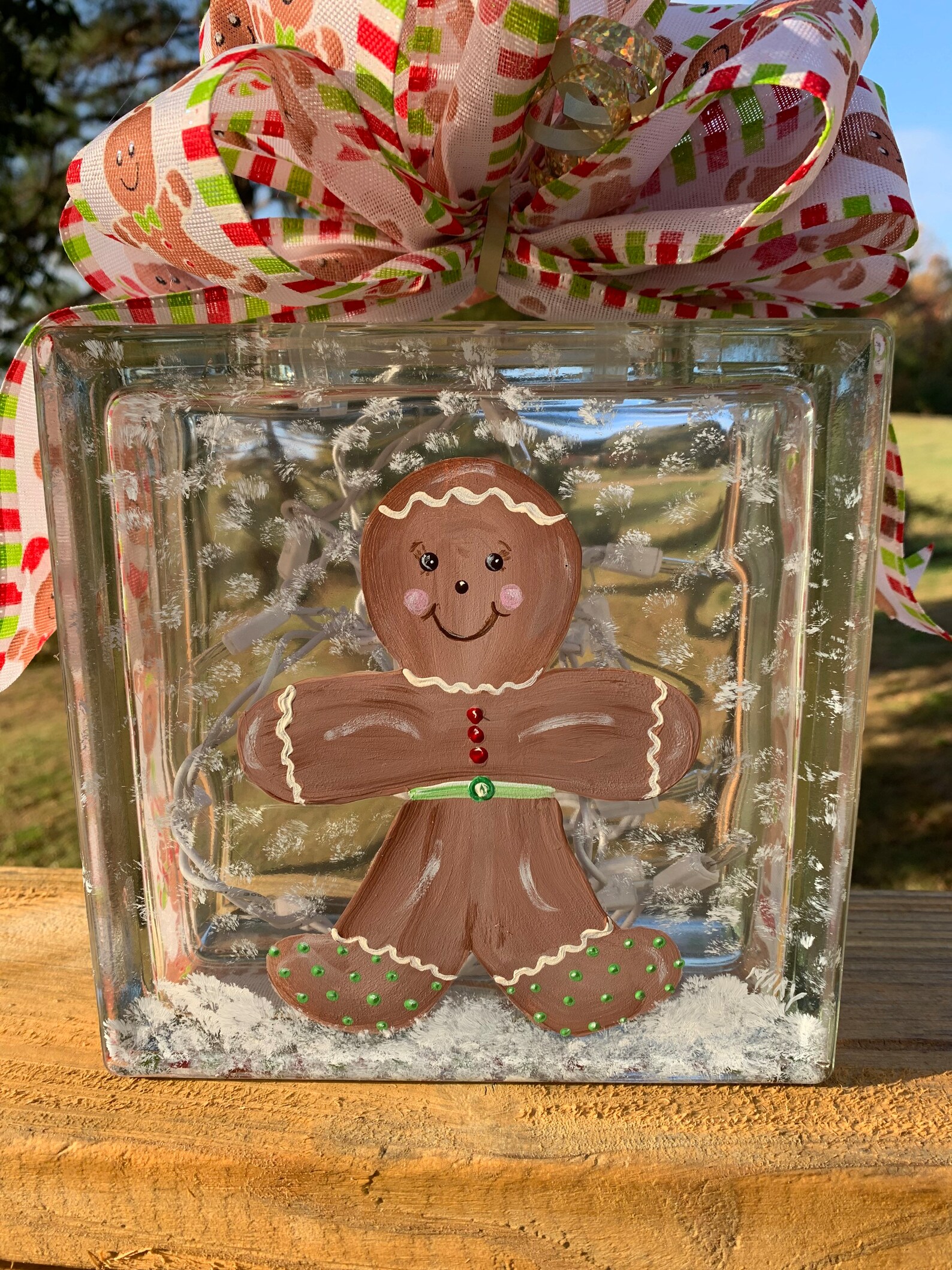 Hand Painted Gingerbread Glass Block Light, Signed, With Strand of 20 ...