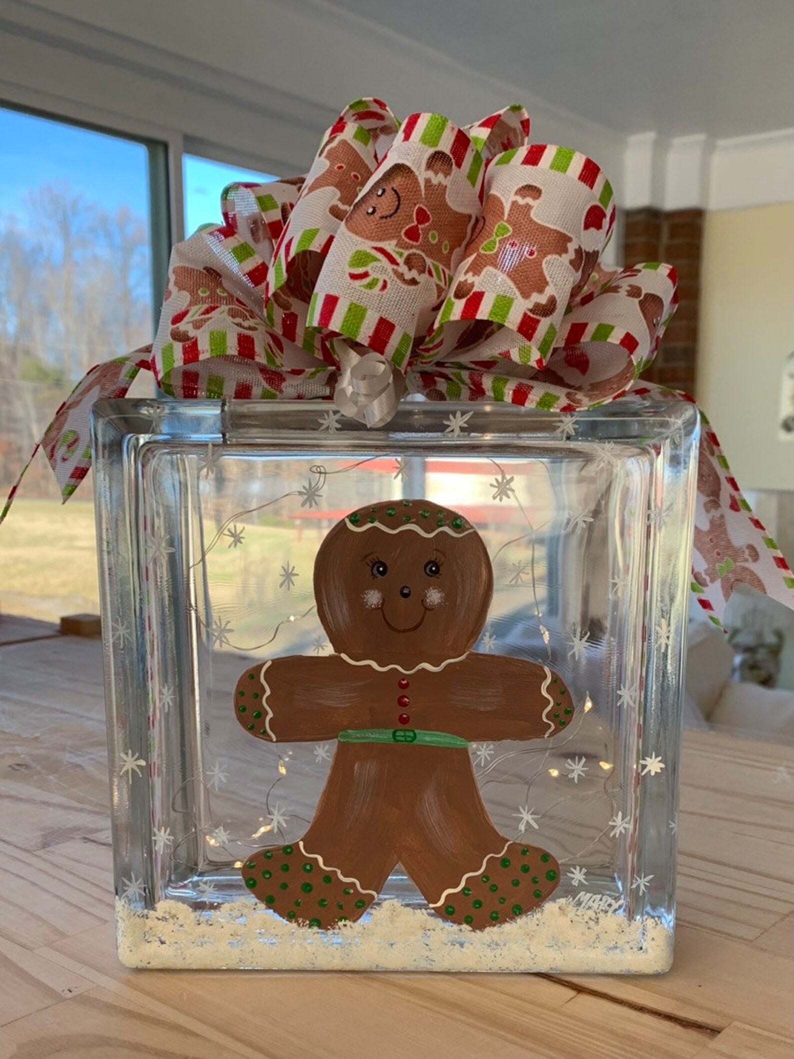 Hand Painted Gingerbread Glass Block Light, Signed, With Strand of 20 ...
