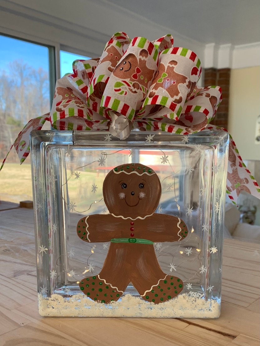 Hand Painted Gingerbread Glass Block Light, Signed, With Strand of 20 ...