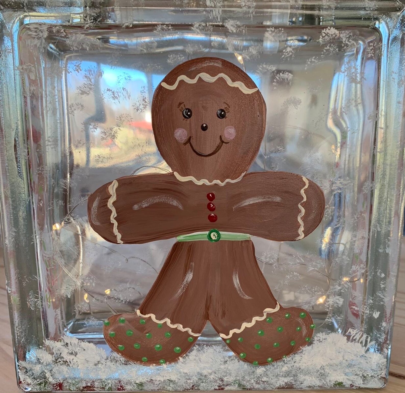 Hand Painted Gingerbread Glass Block Light, Signed, With Strand of 20 ...