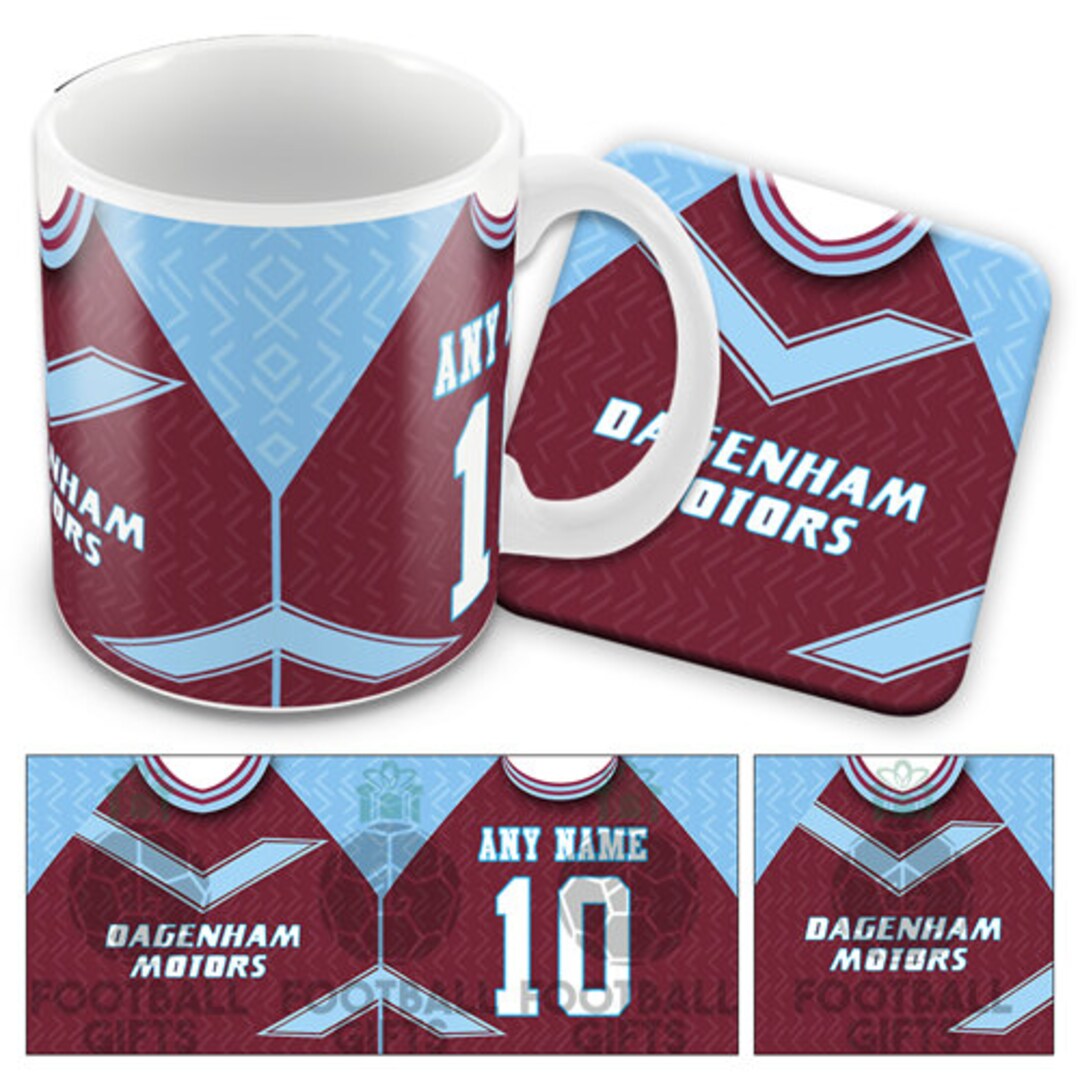 West Ham 1993 Retro Home Shirt Kit Personalised Mug Cup and Coaster Set ...
