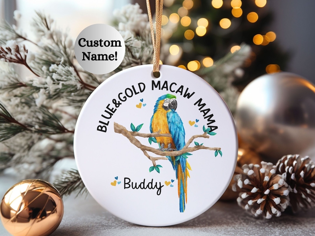 Personalized Blue and Gold Macaw Ornament, Custom Christmas Macaw ...