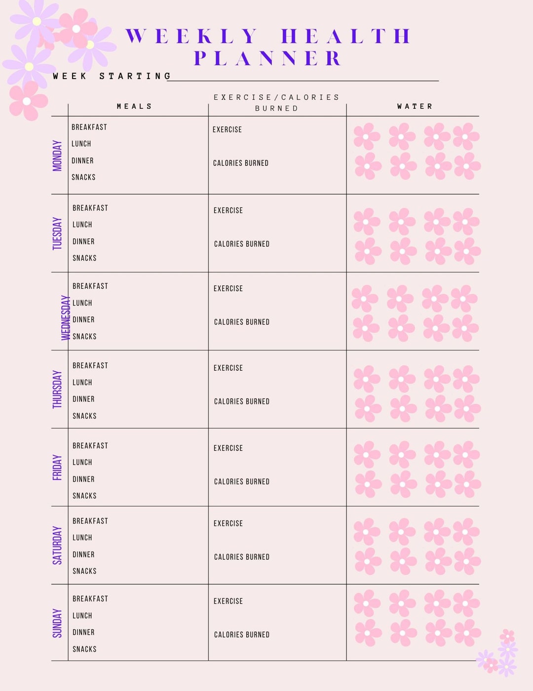 Printable Weekly Diet and Exercise Page Instant Download - Etsy