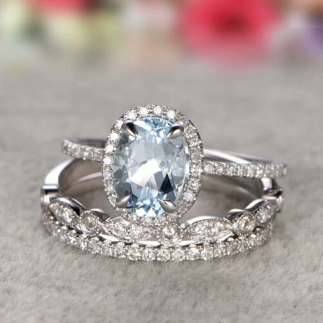 Aquablue Oval Diamond Trio Ring Set, Halo Set Bridal Wedding Trio Set ...