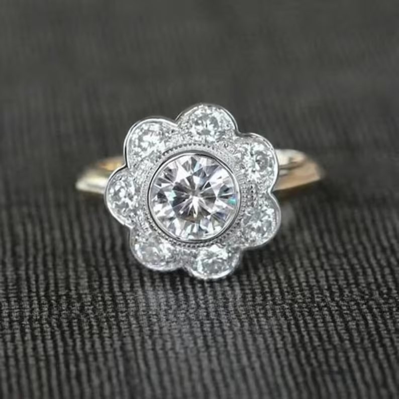 Bezel Set Two Tone Engagement Ring, Floral Inspire Wedding Ring ...