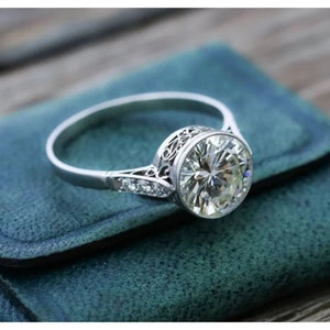 Filigree Vintage Engagement Ring, Bezel Set Round Diamond Ring, Antique ...