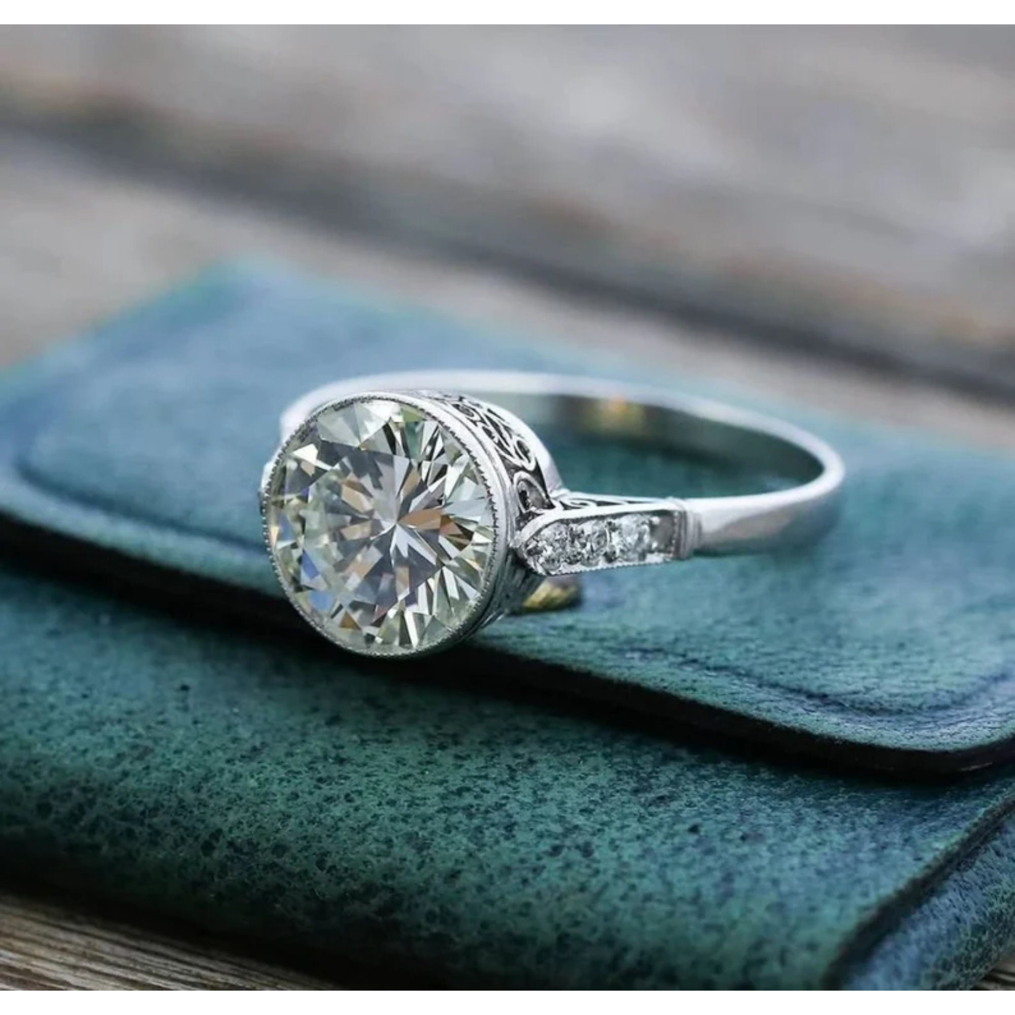 Filigree Vintage Engagement Ring, Bezel Set Round Diamond Ring, Antique ...