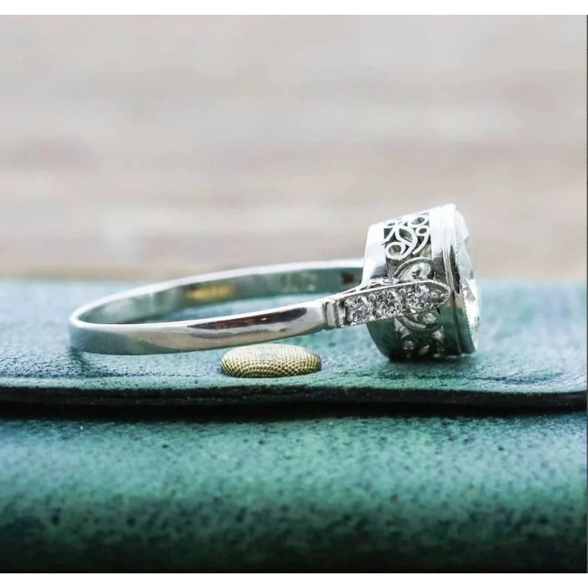 Filigree Vintage Engagement Ring, Bezel Set Round Diamond Ring, Antique ...