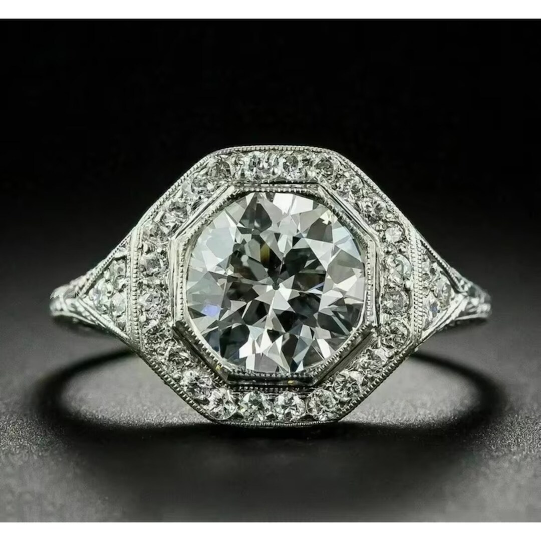 White Round Diamond Bezel Set Engagement Ring, Diamond Halo Set Wedding ...