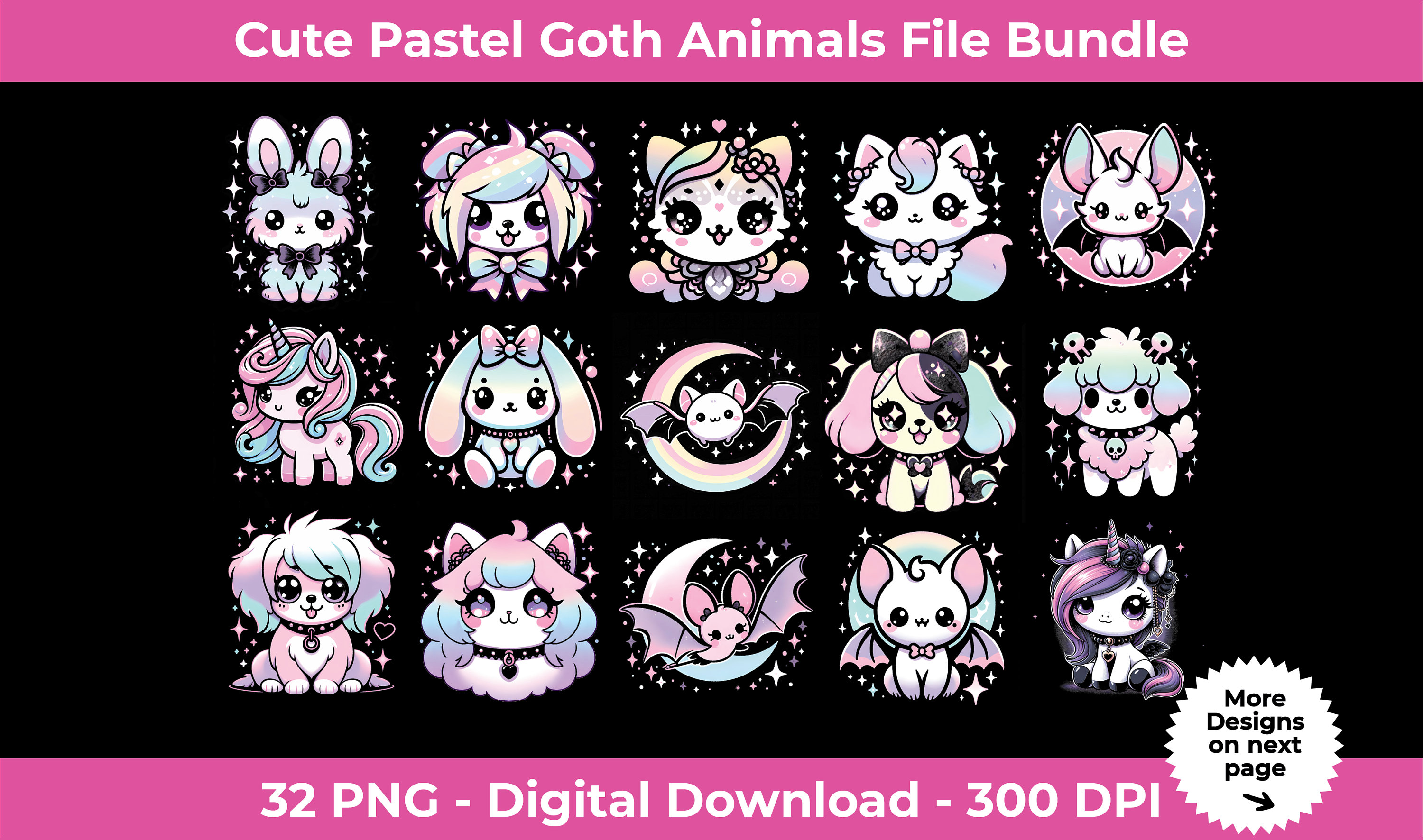 Cute Pastel Goth Animals PNG Bundle, Creepy Kawaii Cat Bat Unicorn ...