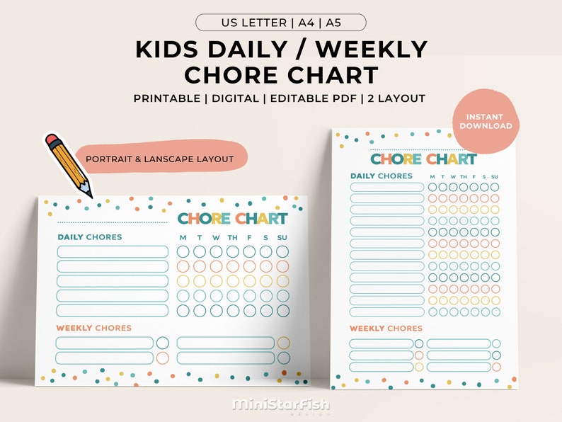 Daily Weekly Chore Chart for Kids, Responsability Chart, Portrait ...