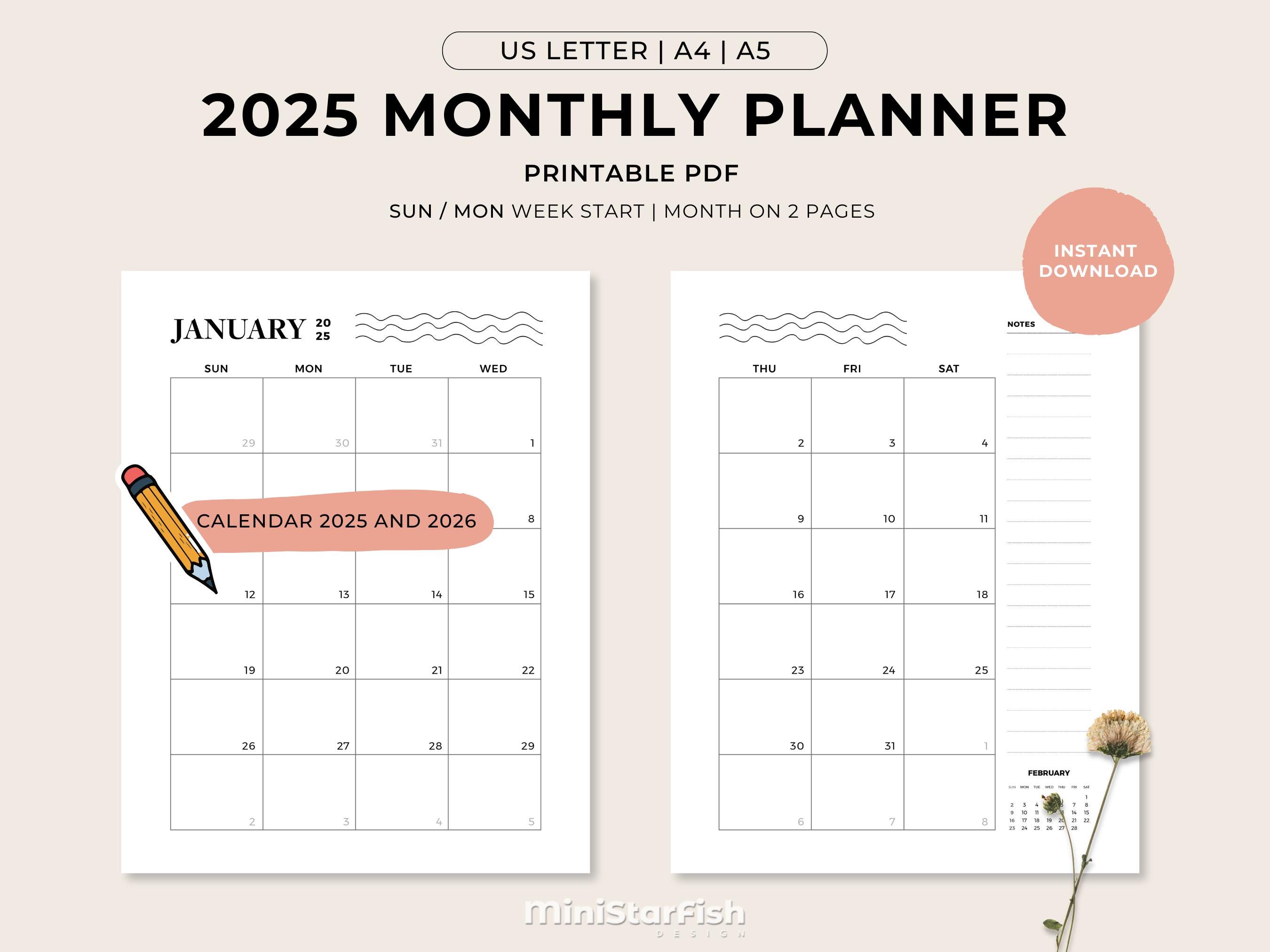 2025 Monthly Planner, Month on 2 Pages, Minimalist Printable PDF ...