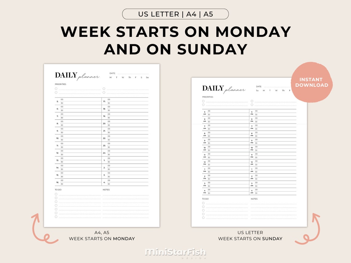 Half Hour Daily Planner, 24 Hour Undated Daily Schedule, Minimalist ...