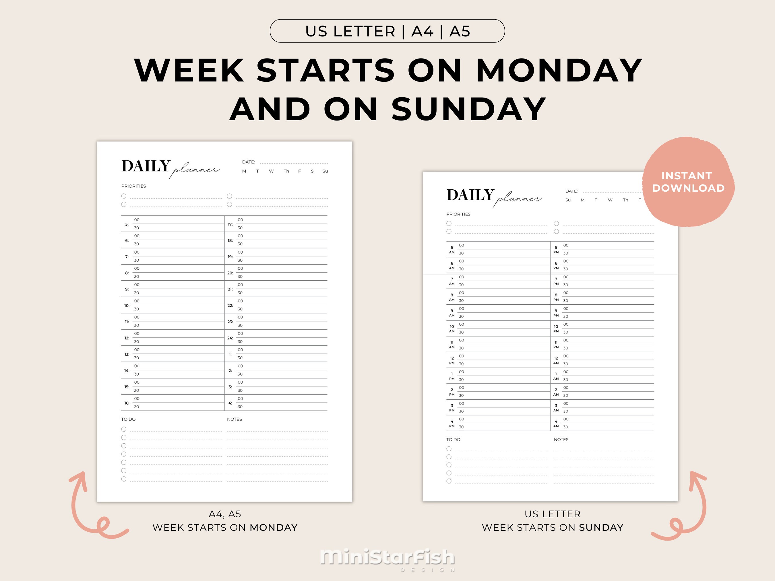 Half Hour Daily Planner, 24 Hour Undated Daily Schedule, Minimalist ...