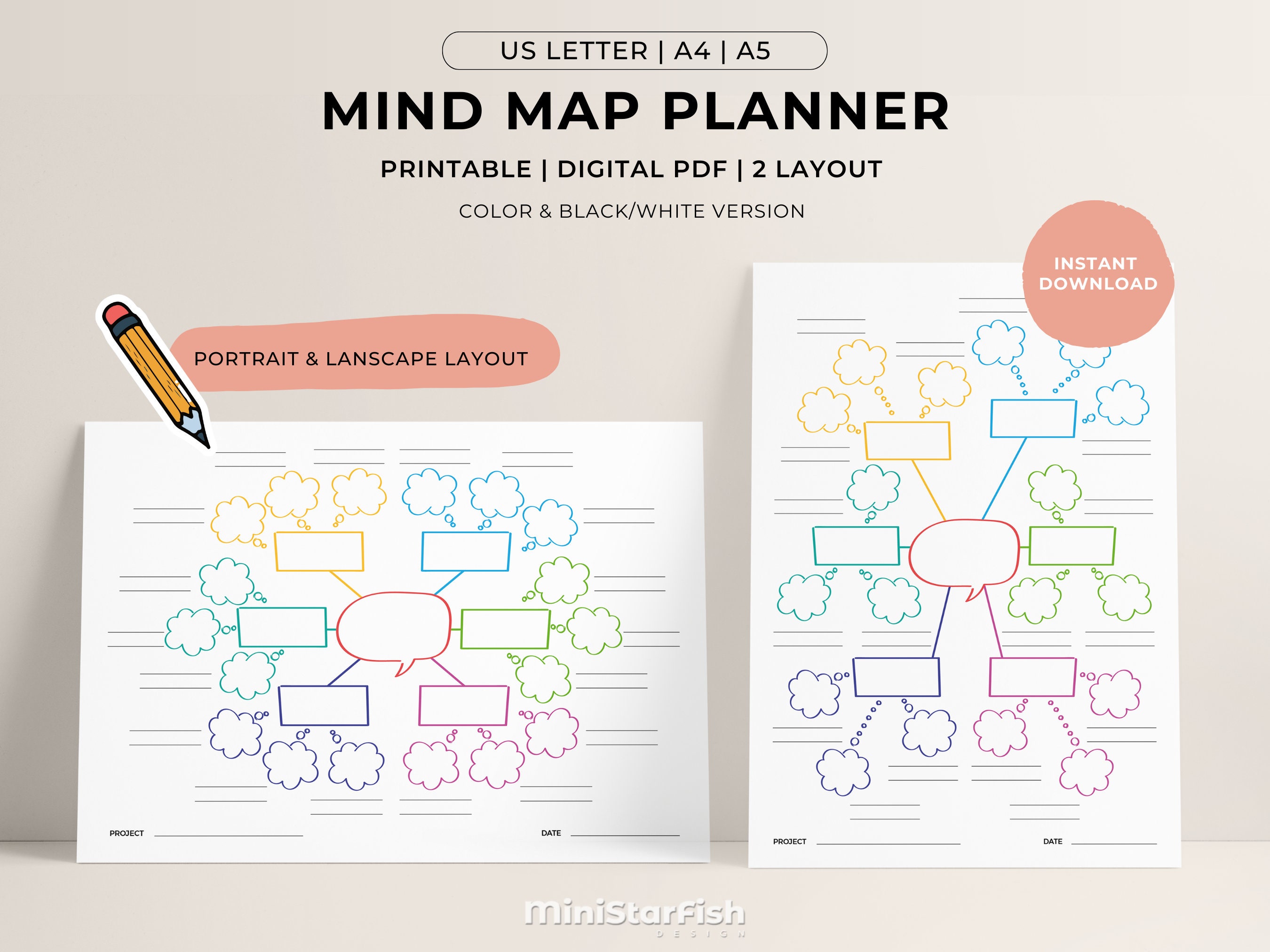 Printable Mind Map Planner, Brainstorm Ideas, Action Plan, Study Notes ...