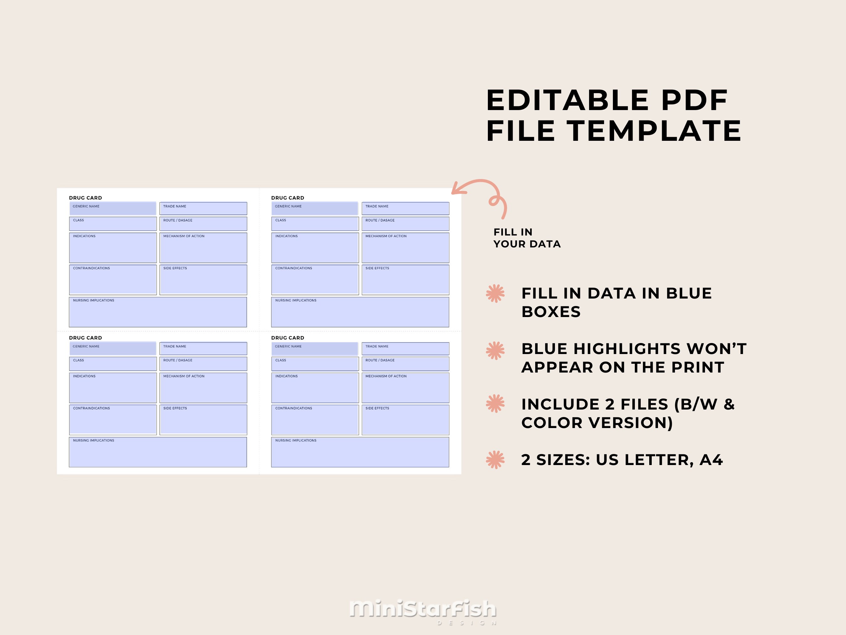 Editable Drug Card Template, Nursing Pharmacology Printable Flashcard ...