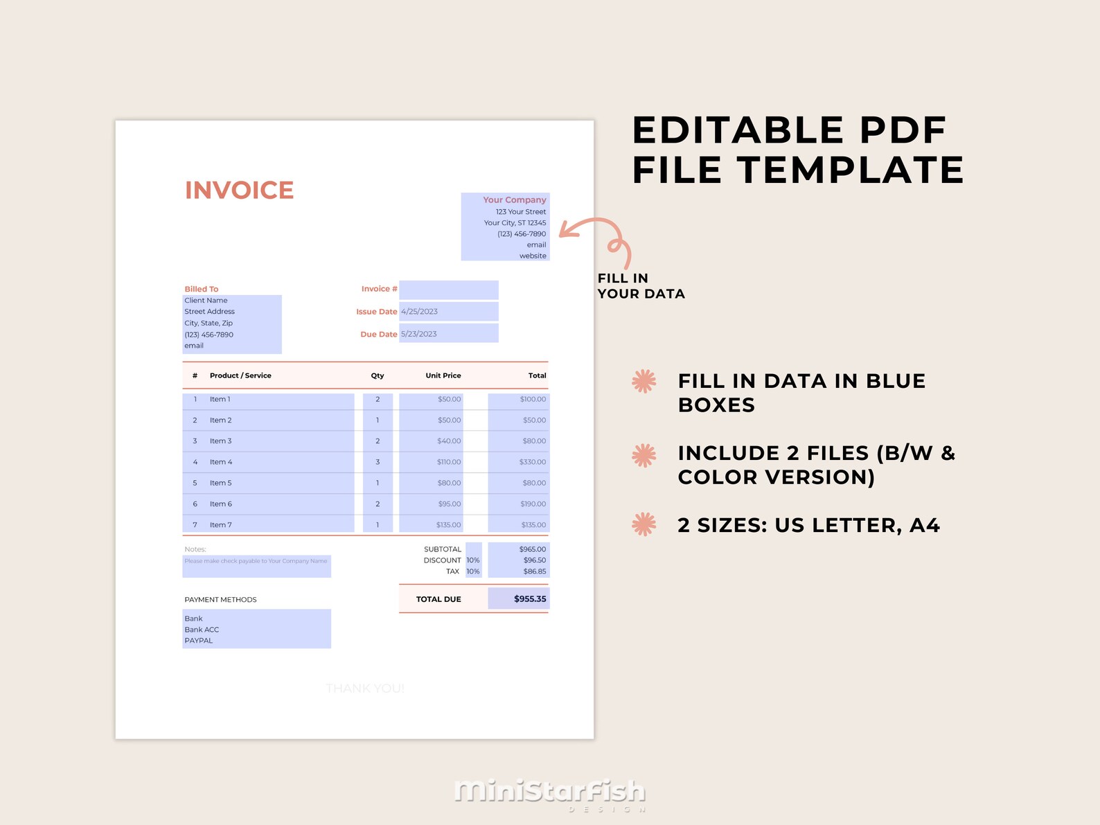 Invoice Template, Editable Word/ Googlesheets/ Googledocs/ PDF Template, Customizable Printable ...