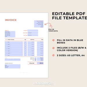 Invoice Template, Editable Word/ Googlesheets/ Googledocs/ PDF Template, Customizable Printable ...