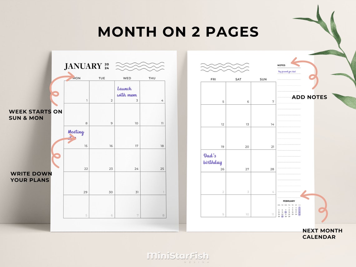 2024 Monthly Planner, Month on 2 Pages, Minimalist Printable PDF ...