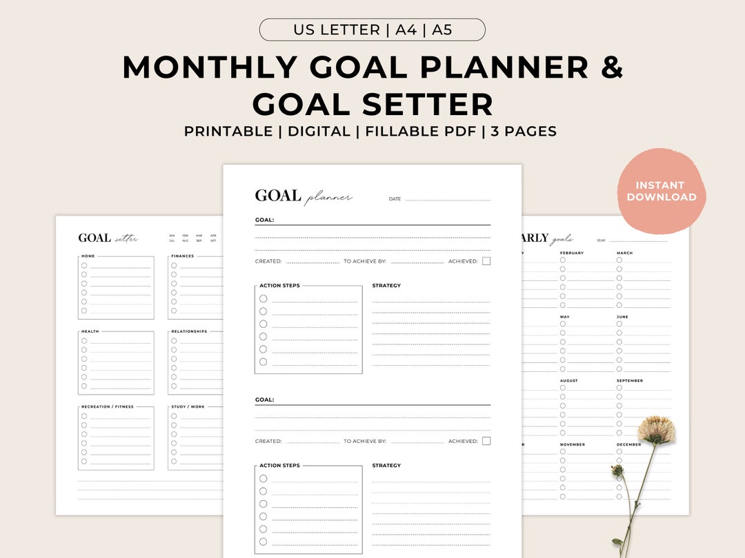 Monthly Goal Planner, Goal Setting Personal Planner, Yearly Goals ...