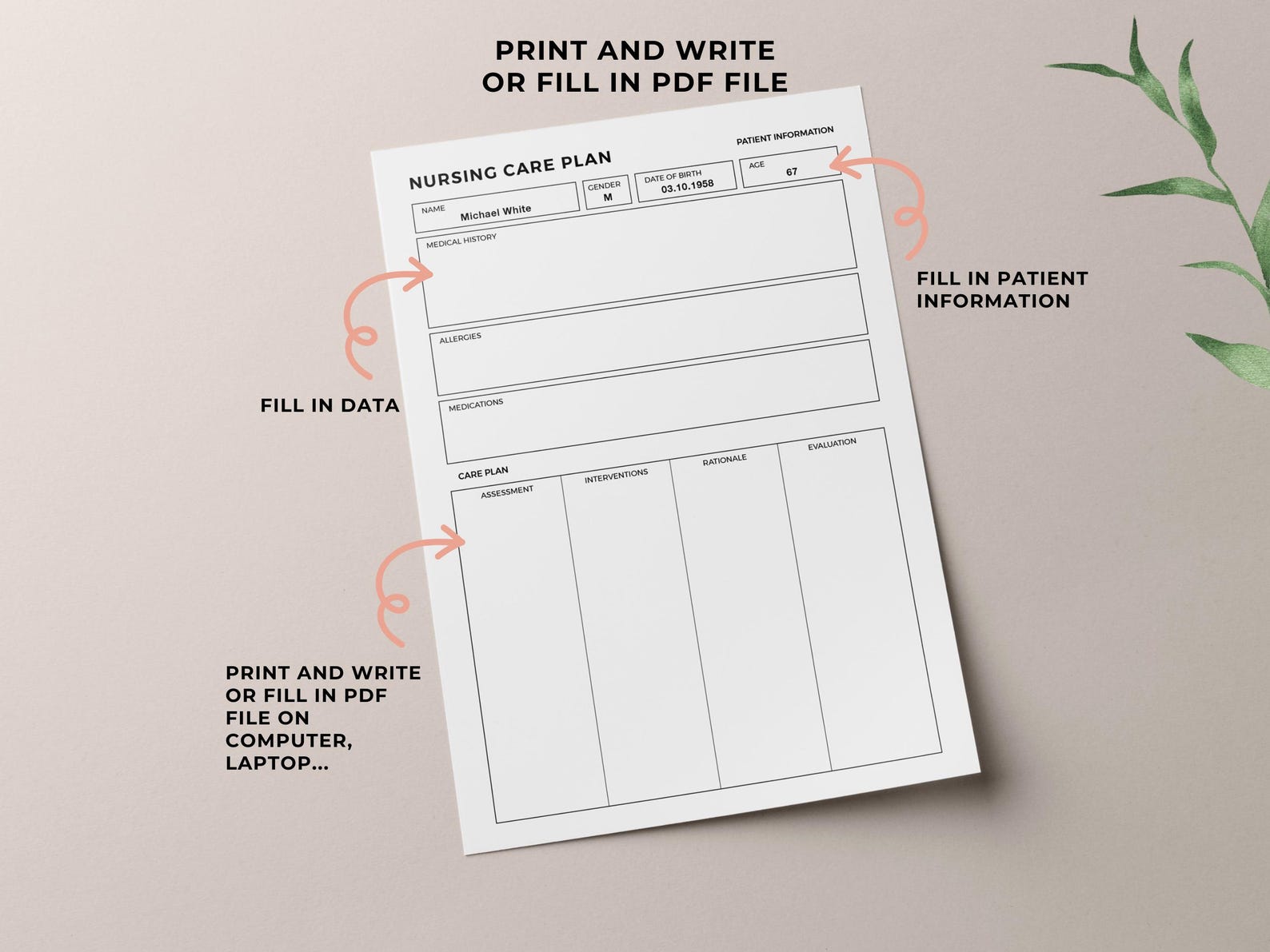Nursing Care Plan Template, Nursing Printable Editable Report Sheet ...