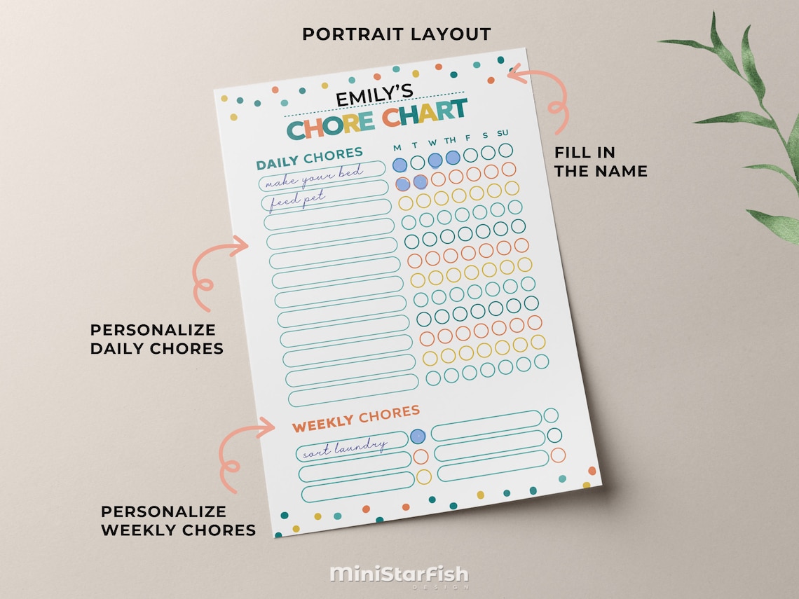 Daily Weekly Chore Chart for Kids, Responsability Chart, Portrait ...