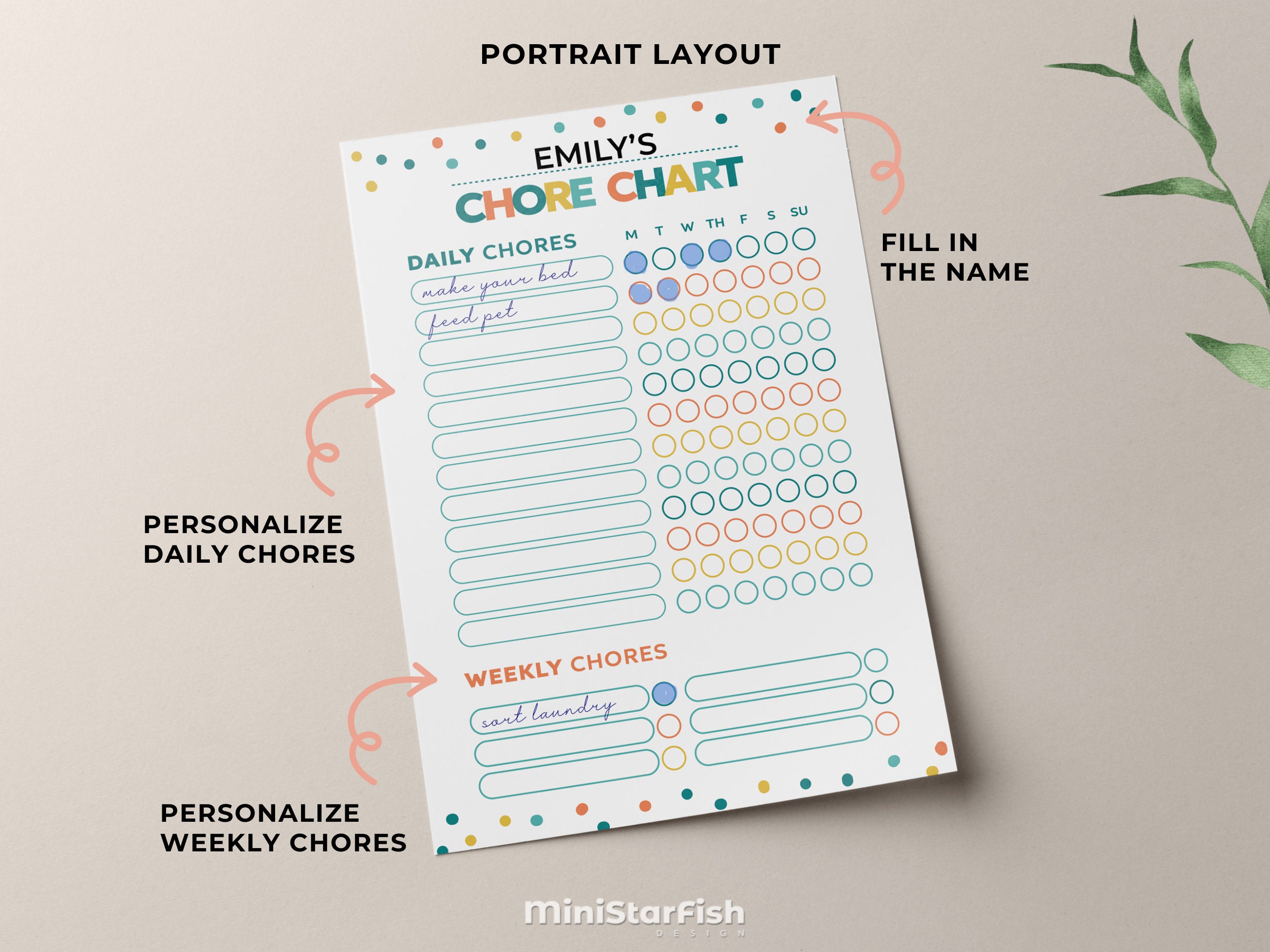 Daily Weekly Chore Chart for Kids, Responsability Chart, Portrait ...