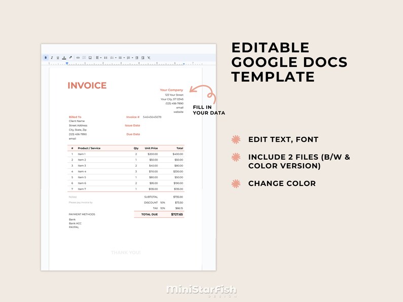 Invoice Template, Editable Word/ Googlesheets/ Googledocs/ PDF Template, Customizable Printable ...