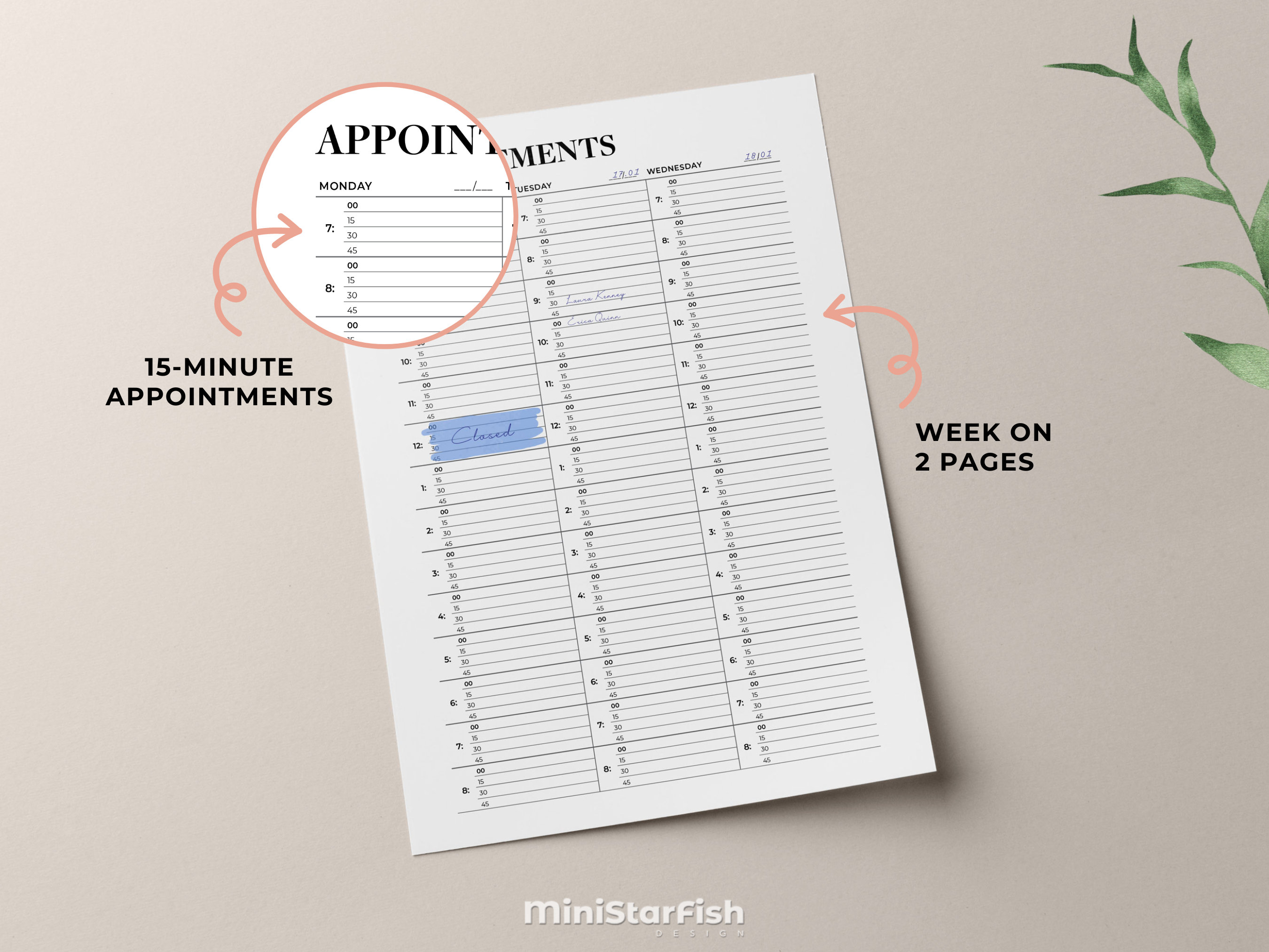 Weekly Appointment Planner, Daily Schedule, 15 Minute Appointment Book ...