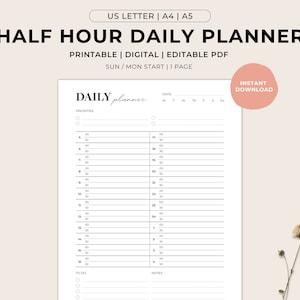 Half Hour Daily Planner, 24 Hour Undated Daily Schedule, Minimalist ...