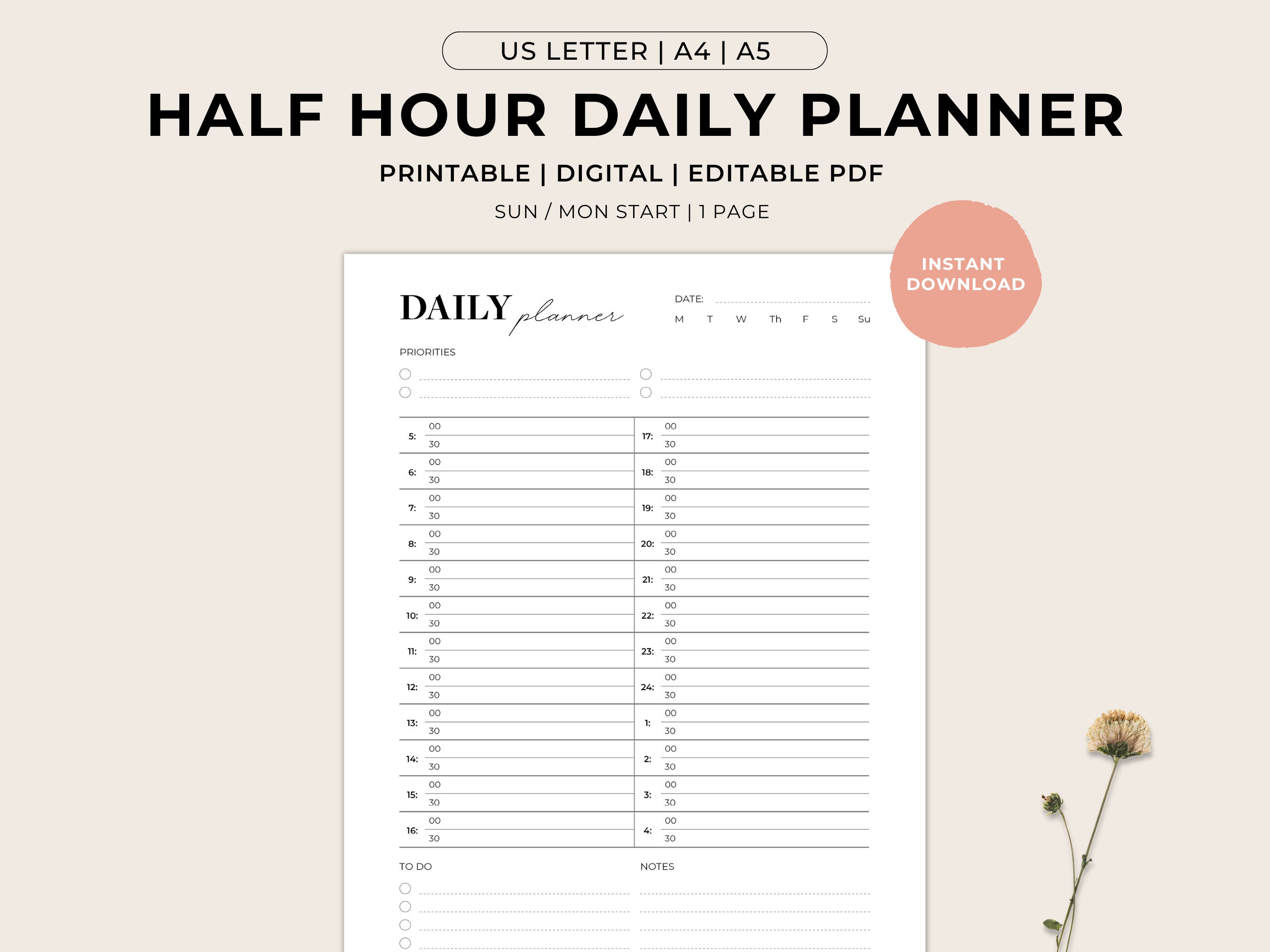 Half Hour Daily Planner, 24 Hour Undated Daily Schedule, Minimalist ...