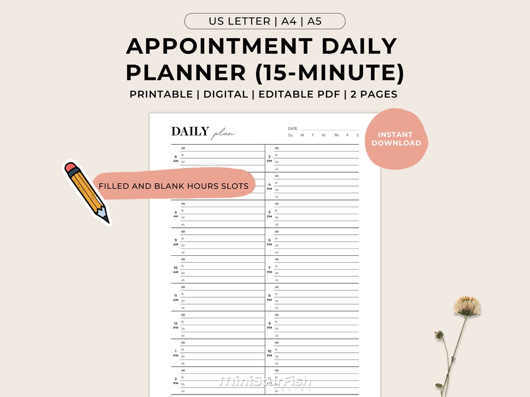 Daily Appointment Planner, Daily Schedule, 15 Minute Appointment Book ...
