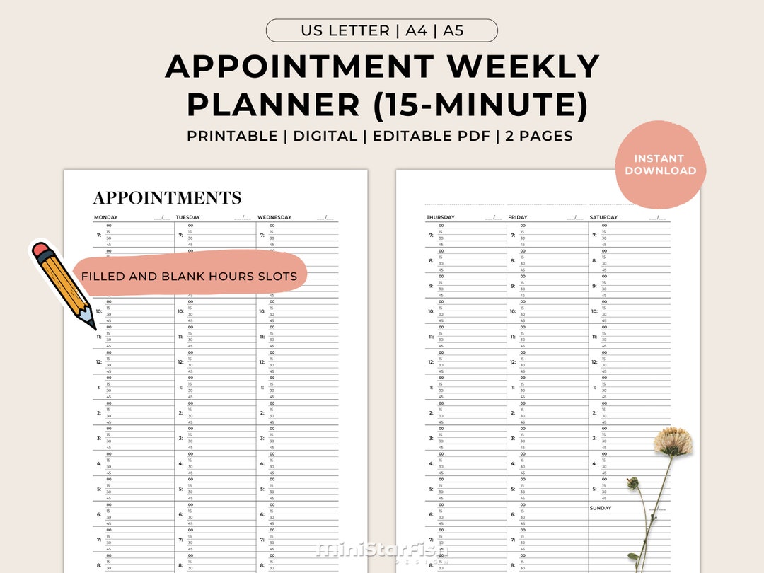 Weekly Appointment Planner, Daily Schedule, 15 Minute Appointment Book ...