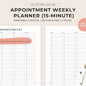 Weekly Appointment Planner, Daily Schedule, 15 Minute Appointment Book ...