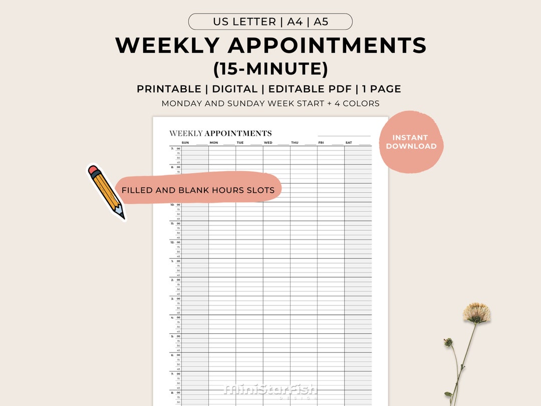 Weekly Appointment Planner, 15 Minute Appointment Book, Daily Schedule ...